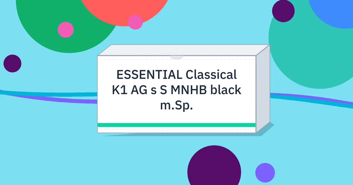 Symbolbild: Packung mit der Aufschrift ESSENTIAL Classical K1 AG s S MNHB black m.Sp. (PZN 19321178) – Verfügbarkeit und Bezug in Apotheken in Frankfurt am Main