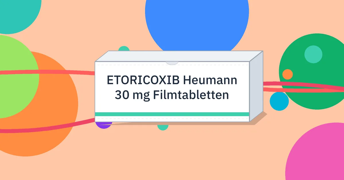 Symbolbild: Packung mit der Aufschrift ETORICOXIB Heumann 30 mg Filmtabletten (PZN 17977779) – Verfügbarkeit und Bezug in Apotheken in Frankfurt am Main