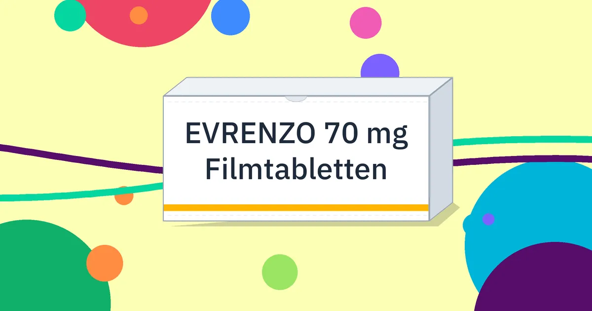 Symbolbild: Packung mit der Aufschrift EVRENZO 70 mg Filmtabletten (PZN 19107611) – Verfügbarkeit und Bezug in Apotheken in Frankfurt am Main