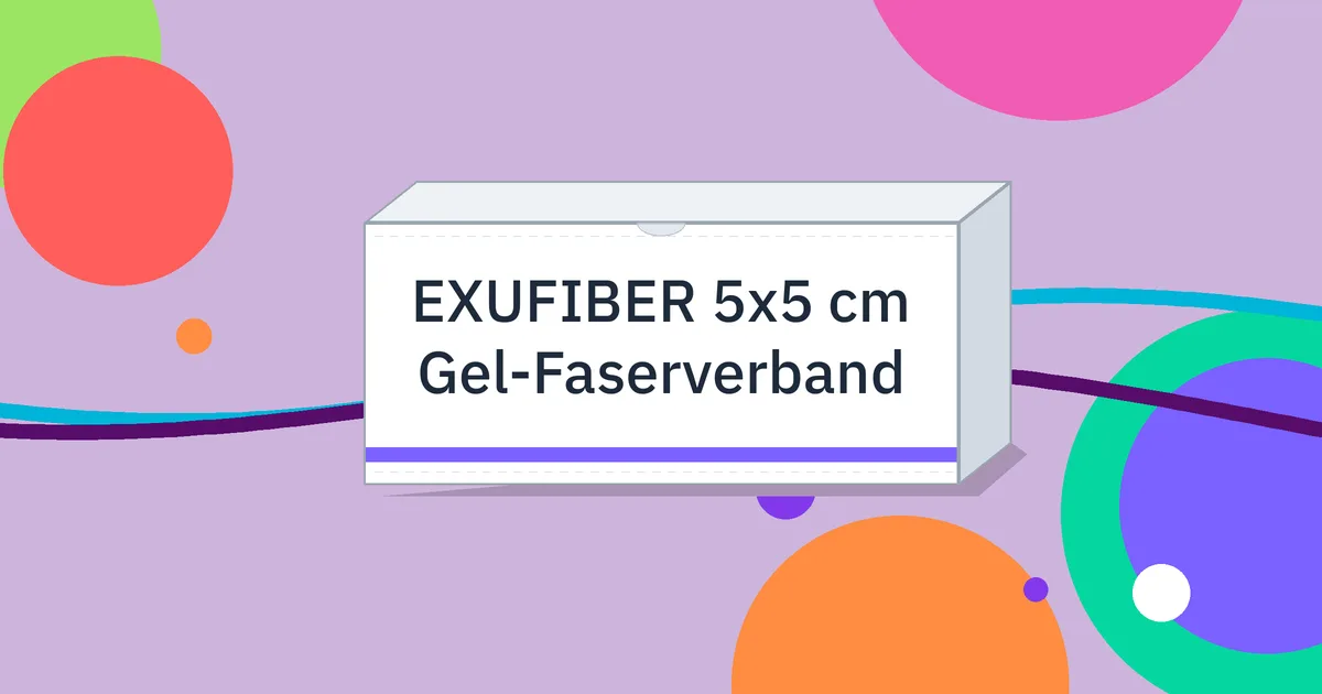 Symbolbild: Packung mit der Aufschrift EXUFIBER 5x5 cm Gel-Faserverband (PZN 17831828) – Verfügbarkeit und Bezug in Apotheken in Frankfurt am Main
