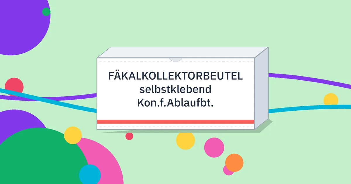 Symbolbild: Packung mit der Aufschrift FÄKALKOLLEKTORBEUTEL selbstklebend Kon.f.Ablaufbt. (PZN 10965508) – Verfügbarkeit und Bezug in Apotheken in Frankfurt am Main