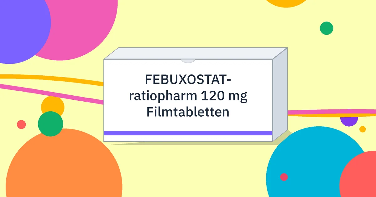 Symbolbild: Packung mit der Aufschrift FEBUXOSTAT-ratiopharm 120 mg Filmtabletten (PZN 14168571) – Verfügbarkeit und Bezug in Apotheken in Frankfurt am Main