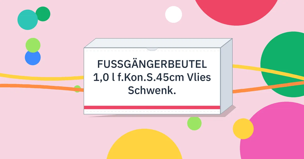 Symbolbild: Packung mit der Aufschrift FUSSGÄNGERBEUTEL 1,0 l f.Kon.S.45cm Vlies Schwenk. (PZN 06096550) – Verfügbarkeit und Bezug in Apotheken in Frankfurt am Main
