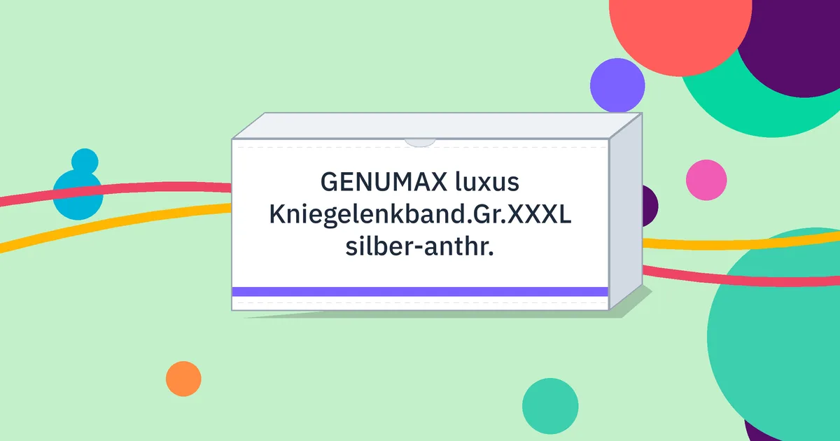Symbolbild: Packung mit der Aufschrift GENUMAX luxus Kniegelenkband.Gr.XXXL silber-anthr. (PZN 11097385) – Verfügbarkeit und Bezug in Apotheken in Frankfurt am Main