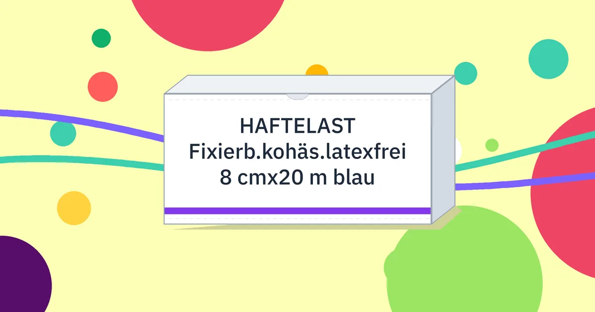 Symbolbild: Packung mit der Aufschrift HAFTELAST Fixierb.kohäs.latexfrei 8 cmx20 m blau (PZN 15998381) – Verfügbarkeit und Bezug in Apotheken in Frankfurt am Main