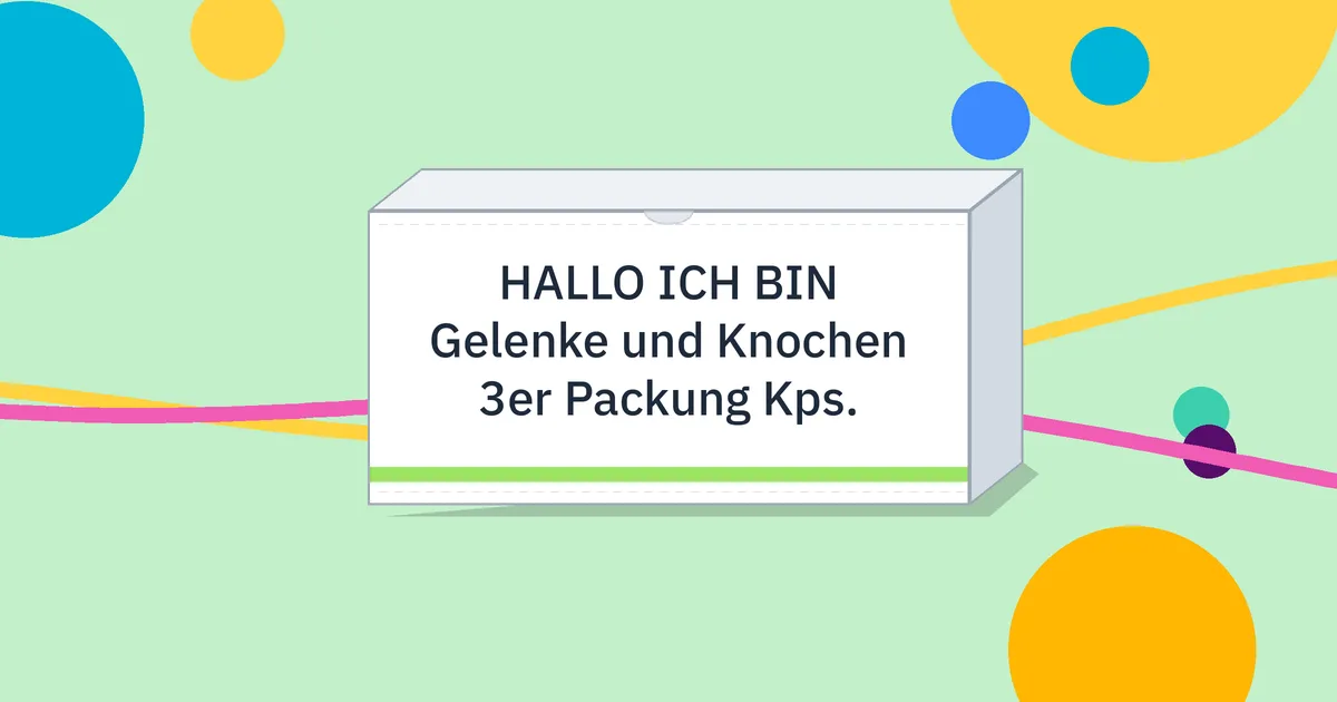 Symbolbild: Packung mit der Aufschrift HALLO ICH BIN Gelenke und Knochen 3er Packung Kps. (PZN 16010851) – Verfügbarkeit und Bezug in Apotheken in Frankfurt am Main