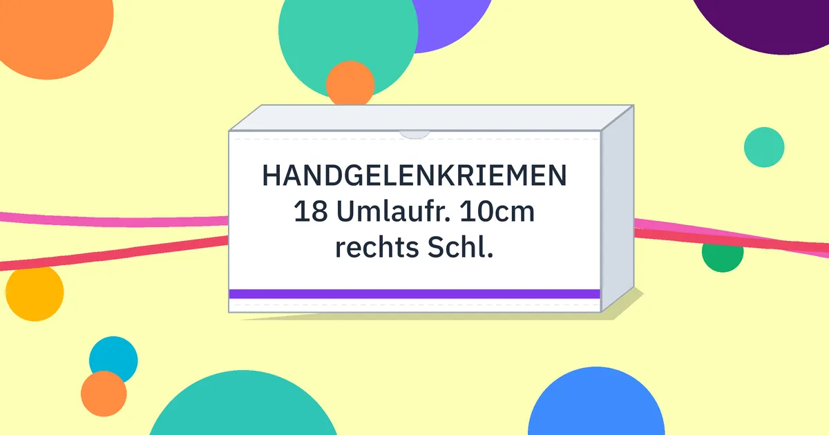 Symbolbild: Packung mit der Aufschrift HANDGELENKRIEMEN 18 Umlaufr. 10cm rechts Schl. (PZN 01962971) – Verfügbarkeit und Bezug in Apotheken in Frankfurt am Main