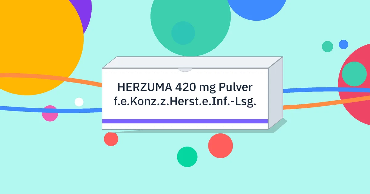 Symbolbild: Packung mit der Aufschrift HERZUMA 420 mg Pulver f.e.Konz.z.Herst.e.Inf.-Lsg. (PZN 16488334) – Verfügbarkeit und Bezug in Apotheken in Frankfurt am Main