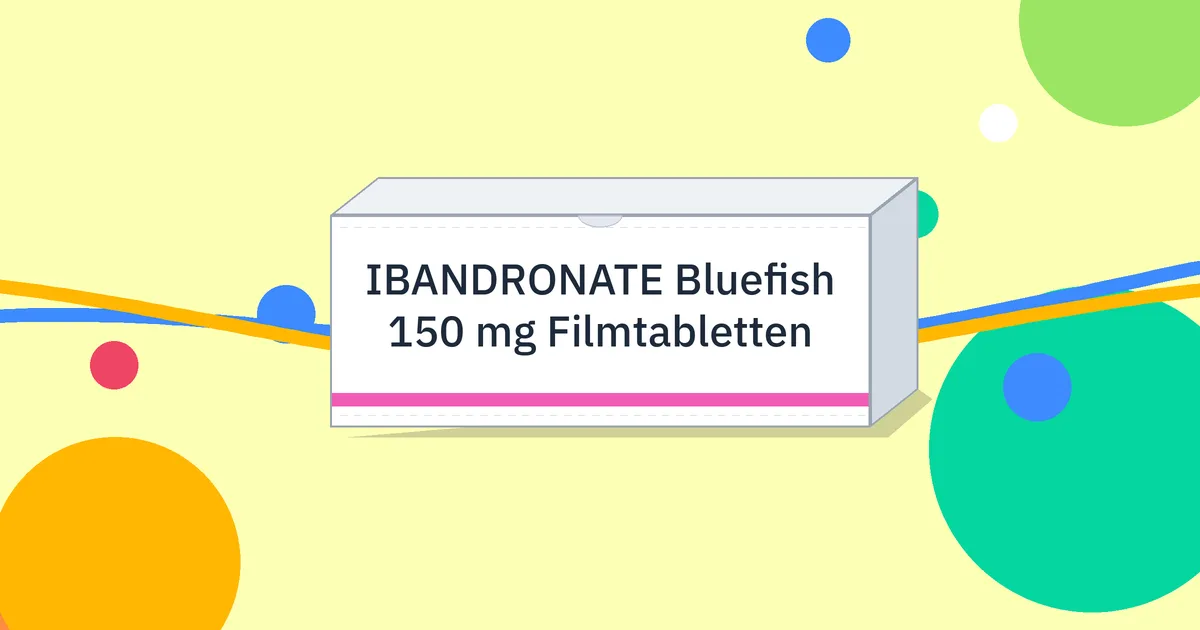 Symbolbild: Packung mit der Aufschrift IBANDRONATE Bluefish 150 mg Filmtabletten (PZN 09924013) – Verfügbarkeit und Bezug in Apotheken in Frankfurt am Main