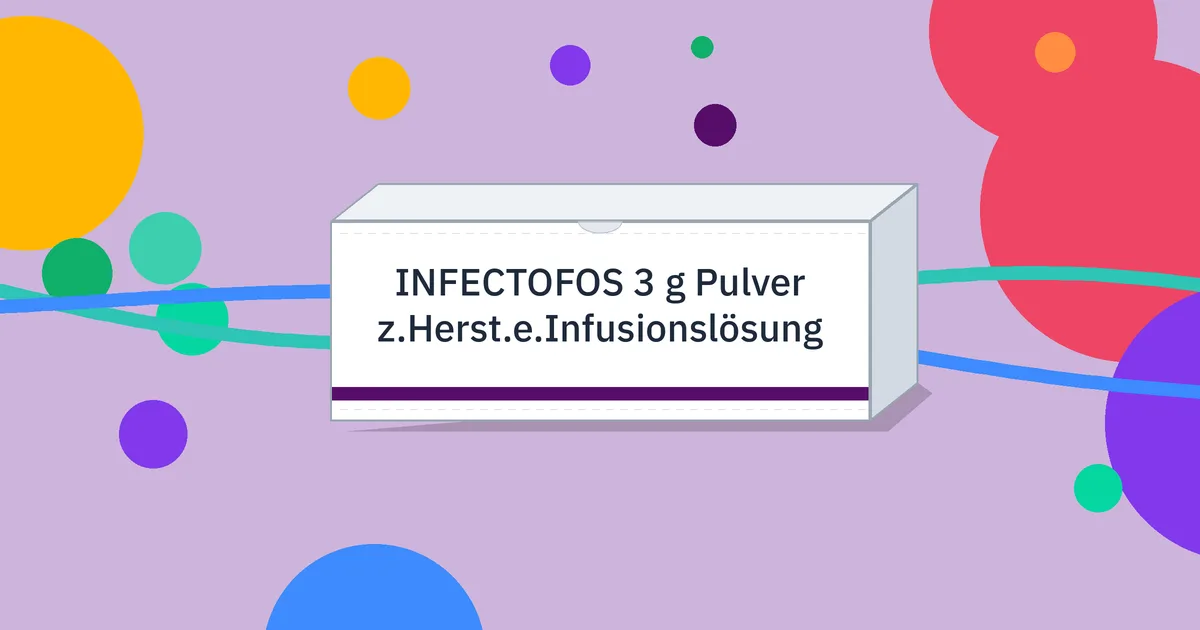 Symbolbild: Packung mit der Aufschrift INFECTOFOS 3 g Pulver z.Herst.e.Infusionslösung (PZN 00332765) – Verfügbarkeit und Bezug in Apotheken in Frankfurt am Main