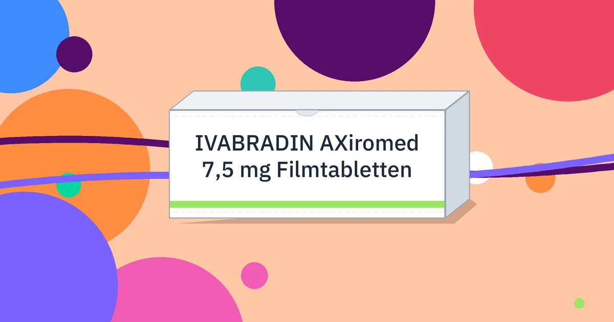 Symbolbild: Packung mit der Aufschrift IVABRADIN AXiromed 7,5 mg Filmtabletten (PZN 16793215) – Verfügbarkeit und Bezug in Apotheken in Frankfurt am Main