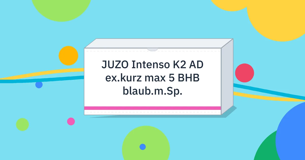 Symbolbild: Packung mit der Aufschrift JUZO Intenso K2 AD ex.kurz max 5 BHB blaub.m.Sp. (PZN 18613996) – Verfügbarkeit und Bezug in Apotheken in Frankfurt am Main