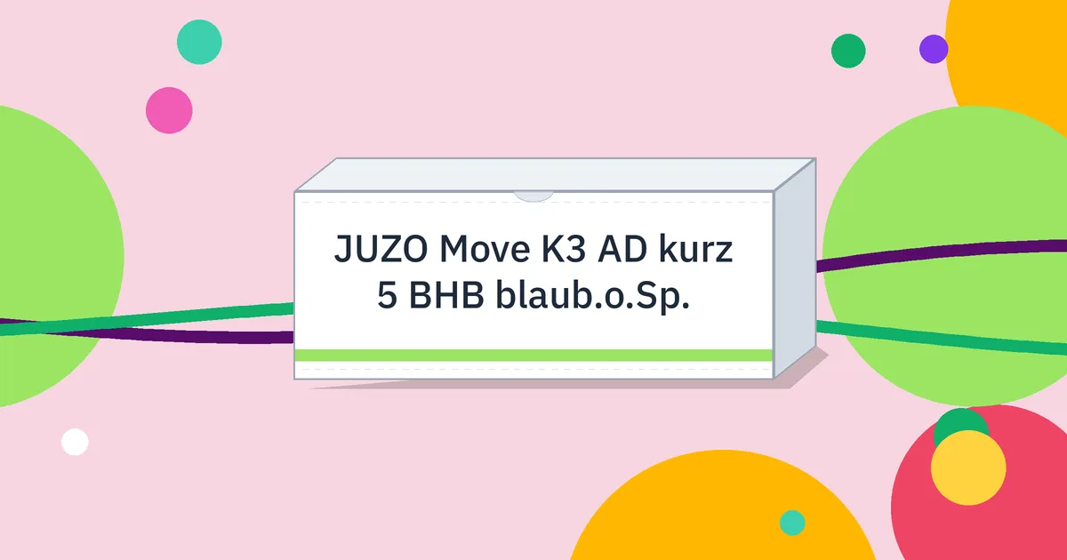 Symbolbild: Packung mit der Aufschrift JUZO Move K3 AD kurz 5 BHB blaub.o.Sp. (PZN 18572955) – Verfügbarkeit und Bezug in Apotheken in Frankfurt am Main