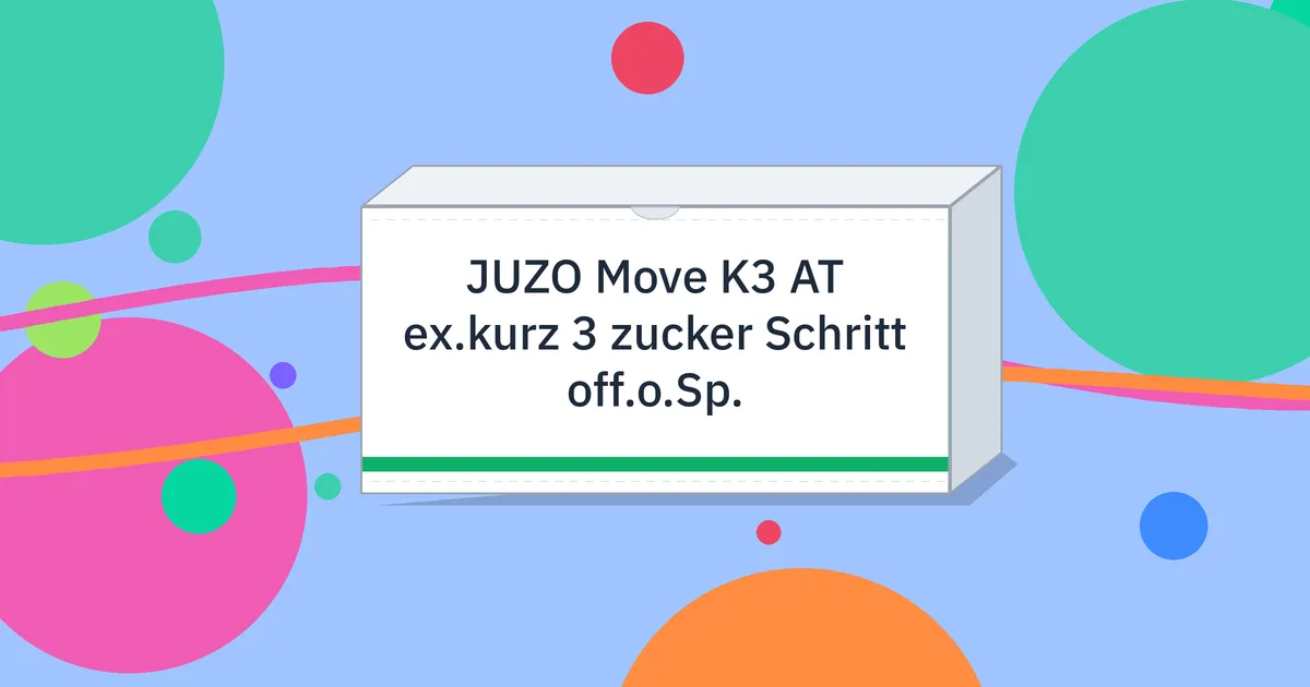 Symbolbild: Packung mit der Aufschrift JUZO Move K3 AT ex.kurz 3 zucker Schritt off.o.Sp. (PZN 20681835) – Verfügbarkeit und Bezug in Apotheken in Frankfurt am Main