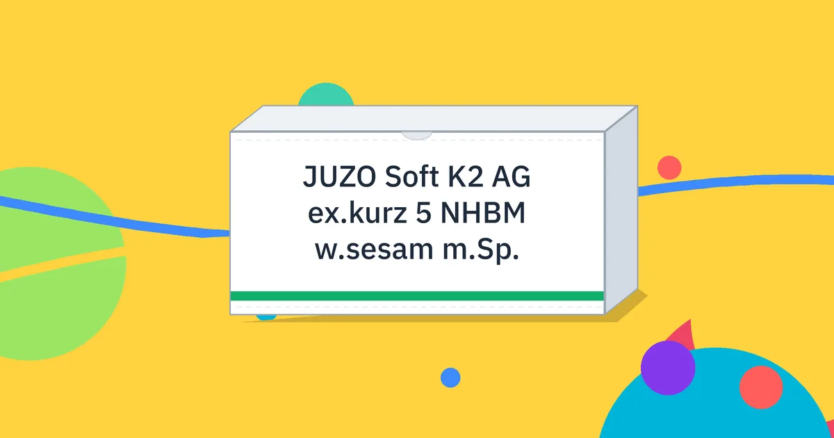 Symbolbild: Packung mit der Aufschrift JUZO Soft K2 AG ex.kurz 5 NHBM w.sesam m.Sp. (PZN 15022817) – Verfügbarkeit und Bezug in Apotheken in Frankfurt am Main