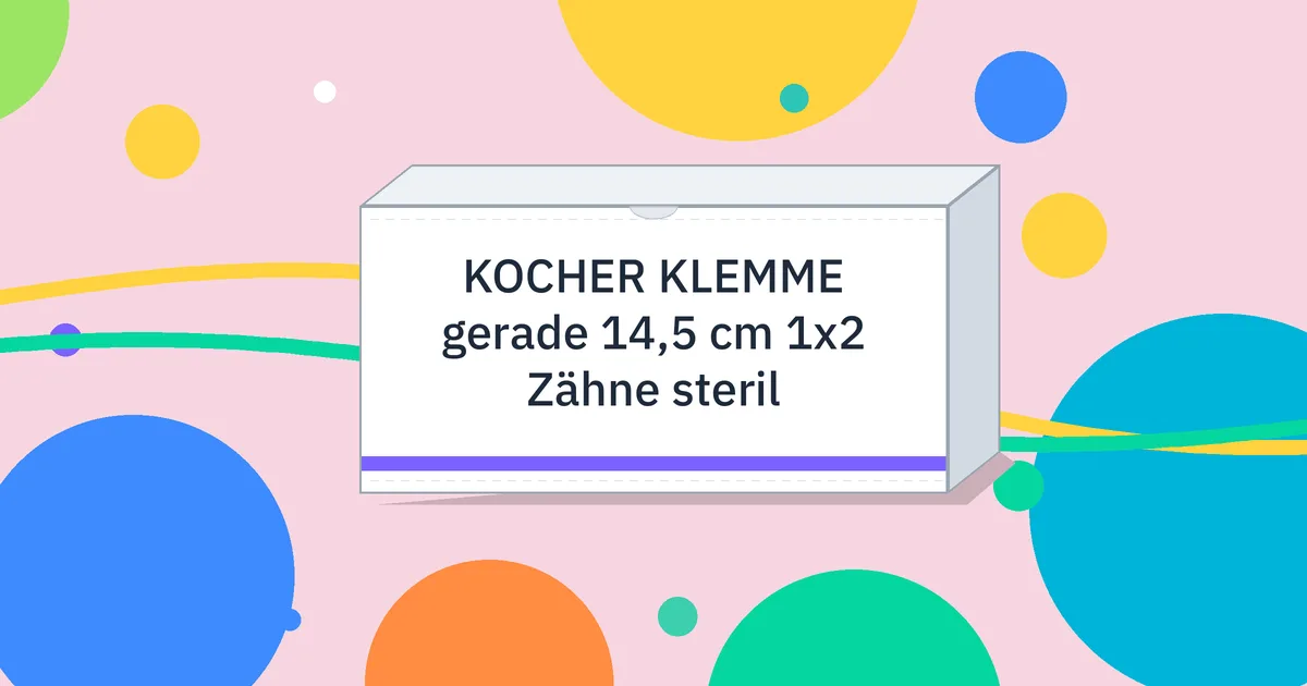 Symbolbild: Packung mit der Aufschrift KOCHER KLEMME gerade 14,5 cm 1x2 Zähne steril (PZN 19977890) – Verfügbarkeit und Bezug in Apotheken in Frankfurt am Main