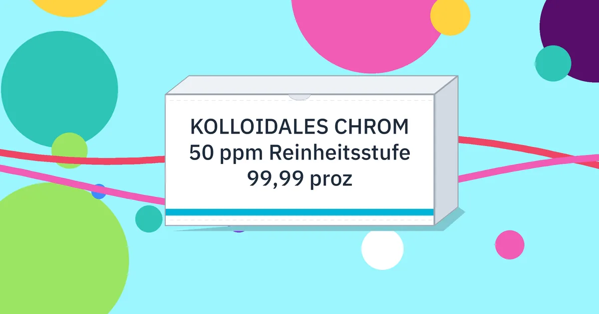 Symbolbild: Packung mit der Aufschrift KOLLOIDALES CHROM 50 ppm Reinheitsstufe 99,99 proz (PZN 19204449) – Verfügbarkeit und Bezug in Apotheken in Frankfurt am Main