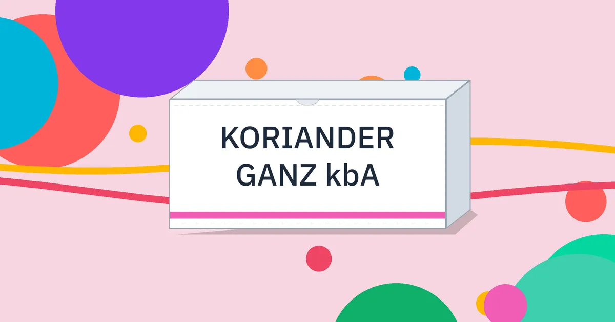 Symbolbild: Packung mit der Aufschrift KORIANDER GANZ kbA (PZN 05511099) – Verfügbarkeit und Bezug in Apotheken in Frankfurt am Main