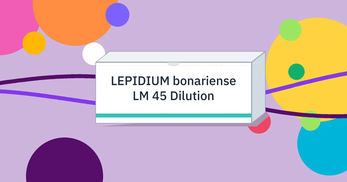 Symbolbild: Packung mit der Aufschrift LEPIDIUM bonariense LM 45 Dilution (PZN 13526583) – Verfügbarkeit und Bezug in Apotheken in Frankfurt am Main
