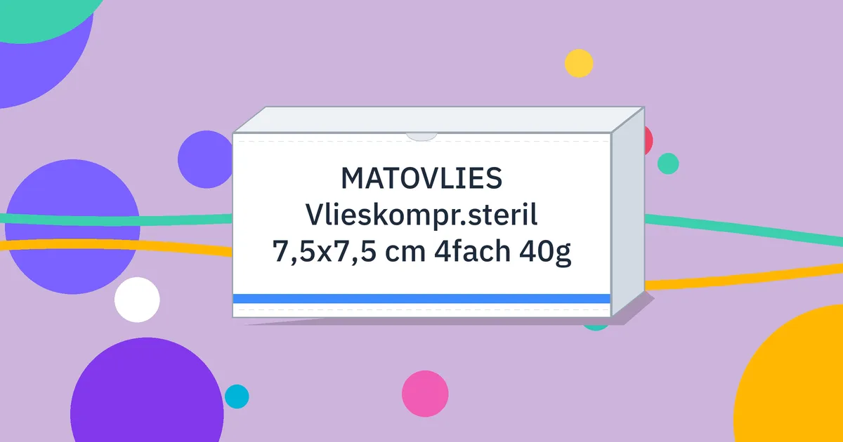 Symbolbild: Packung mit der Aufschrift MATOVLIES Vlieskompr.steril 7,5x7,5 cm 4fach 40g (PZN 00592561) – Verfügbarkeit und Bezug in Apotheken in Frankfurt am Main