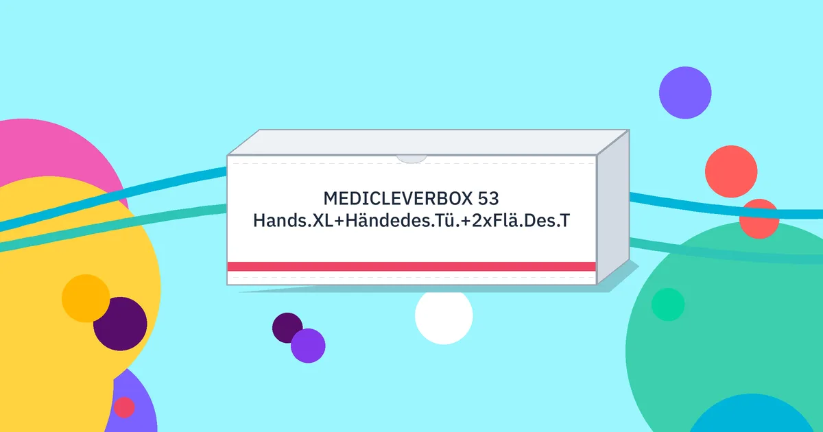 Symbolbild: Packung mit der Aufschrift MEDICLEVERBOX 53 Hands.XL+Händedes.Tü.+2xFlä.Des.T (PZN 19335648) – Verfügbarkeit und Bezug in Apotheken in Frankfurt am Main