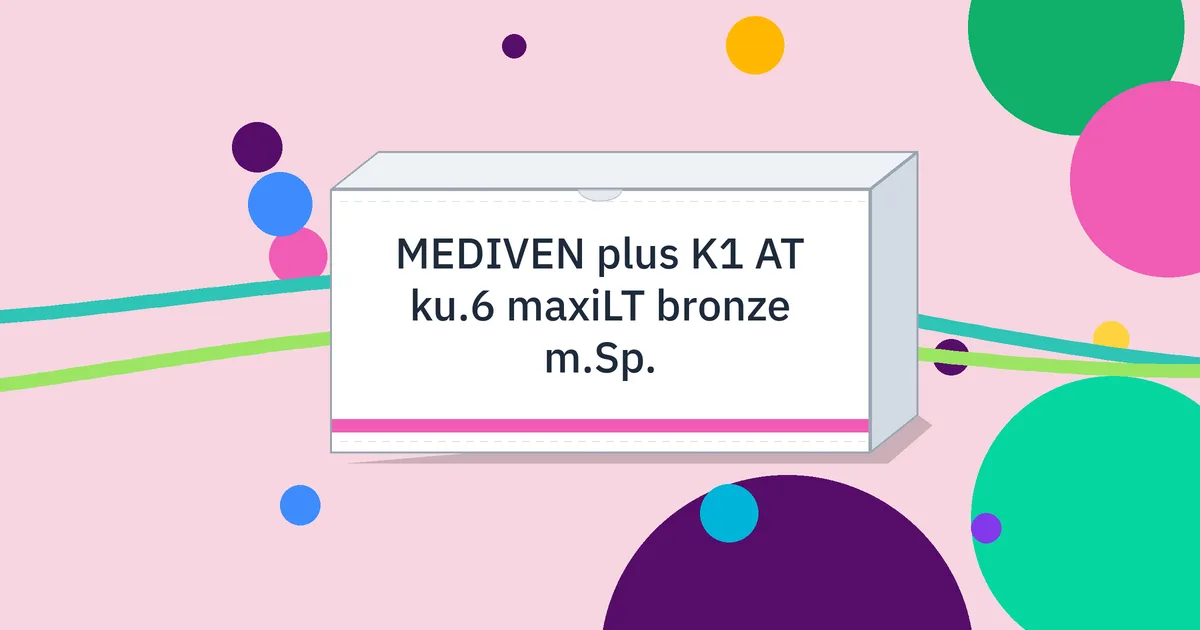 Symbolbild: Packung mit der Aufschrift MEDIVEN plus K1 AT ku.6 maxiLT bronze m.Sp. (PZN 15069782) – Verfügbarkeit und Bezug in Apotheken in Frankfurt am Main