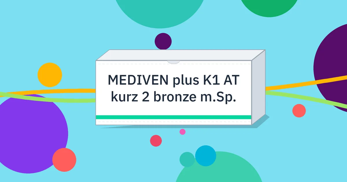 Symbolbild: Packung mit der Aufschrift MEDIVEN plus K1 AT kurz 2 bronze m.Sp. (PZN 15027080) – Verfügbarkeit und Bezug in Apotheken in Frankfurt am Main