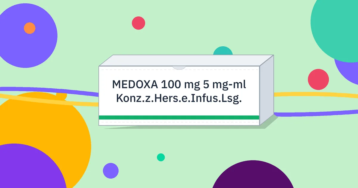 Symbolbild: Packung mit der Aufschrift MEDOXA 100 mg 5 mg-ml Konz.z.Hers.e.Infus.Lsg. (PZN 07019333) – Verfügbarkeit und Bezug in Apotheken in Frankfurt am Main