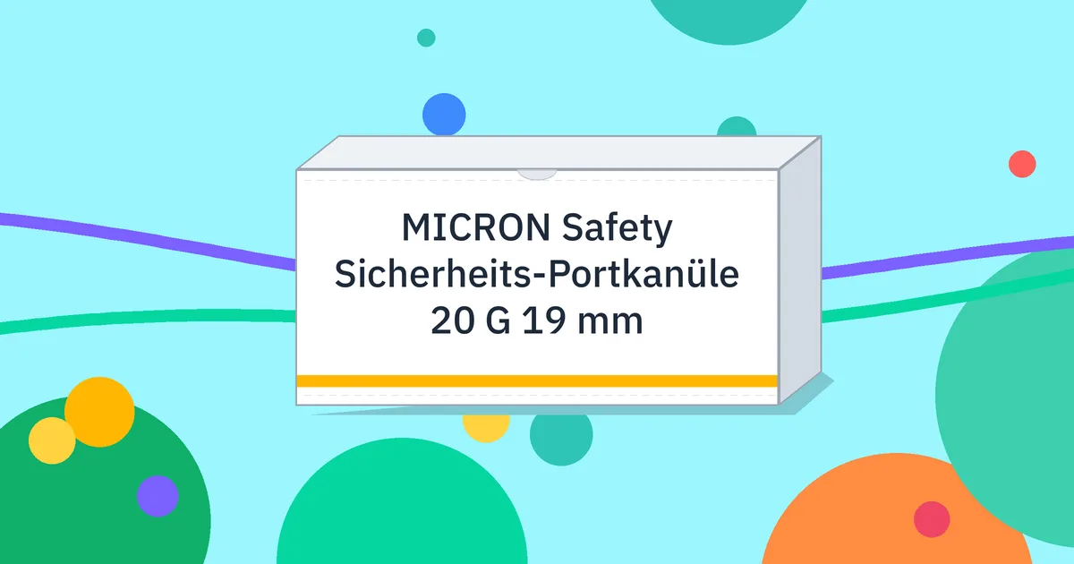 Symbolbild: Packung mit der Aufschrift MICRON Safety Sicherheits-Portkanüle 20 G 19 mm (PZN 19113273) – Verfügbarkeit und Bezug in Apotheken in Frankfurt am Main