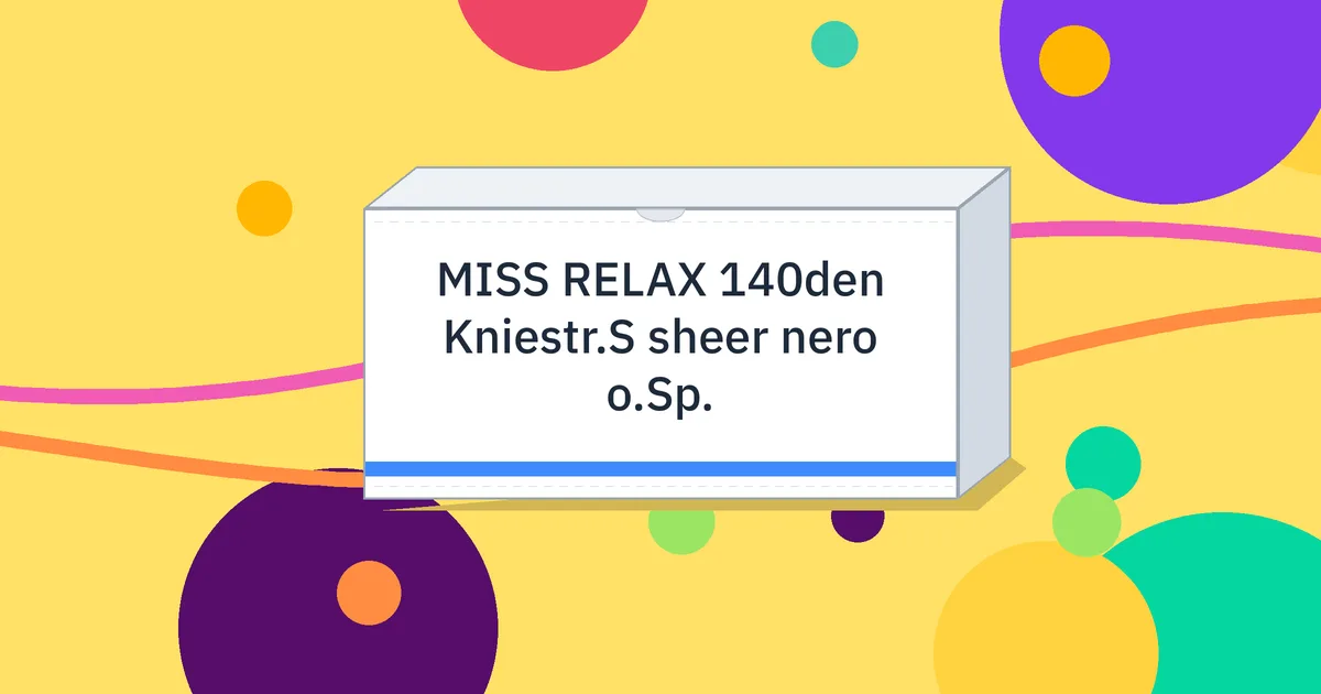 Symbolbild: Packung mit der Aufschrift MISS RELAX 140den Kniestr.S sheer nero o.Sp. (PZN 20289557) – Verfügbarkeit und Bezug in Apotheken in Frankfurt am Main