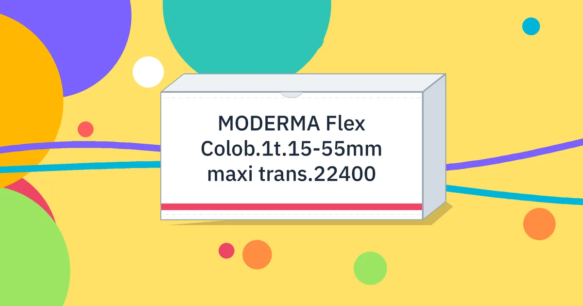 Symbolbild: Packung mit der Aufschrift MODERMA Flex Colob.1t.15-55mm maxi trans.22400 (PZN 00788703) – Verfügbarkeit und Bezug in Apotheken in Frankfurt am Main