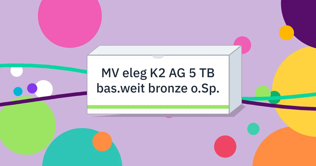 Symbolbild: Packung mit der Aufschrift MV eleg K2 AG 5 TB bas.weit bronze o.Sp. (PZN 14719835) – Verfügbarkeit und Bezug in Apotheken in Frankfurt am Main