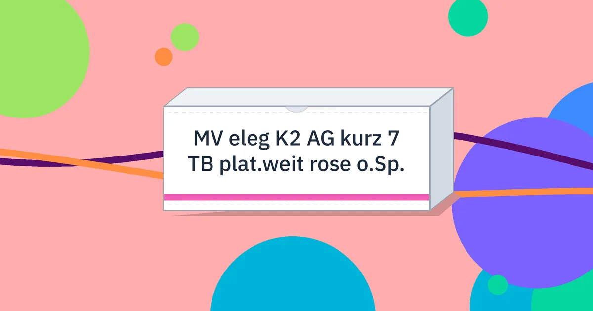 Symbolbild: Packung mit der Aufschrift MV eleg K2 AG kurz 7 TB plat.weit rose o.Sp. (PZN 14696620) – Verfügbarkeit und Bezug in Apotheken in Frankfurt am Main