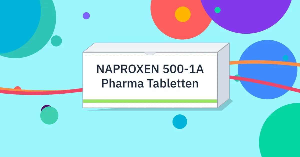 Symbolbild: Packung mit der Aufschrift NAPROXEN 500-1A Pharma Tabletten (PZN 06312611) – Verfügbarkeit und Bezug in Apotheken in Frankfurt am Main