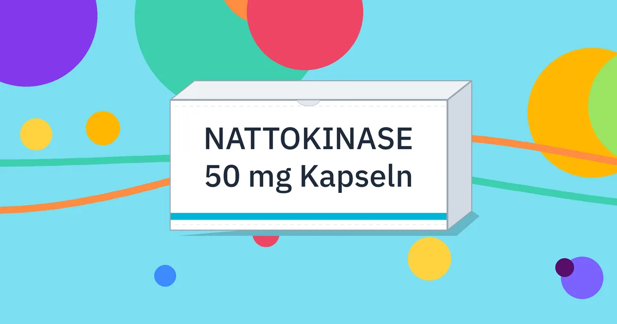 Symbolbild: Packung mit der Aufschrift NATTOKINASE 50 mg Kapseln (PZN 12343573) – Verfügbarkeit und Bezug in Apotheken in Frankfurt am Main