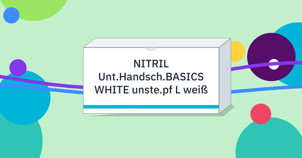Symbolbild: Packung mit der Aufschrift NITRIL Unt.Handsch.BASICS WHITE unste.pf L weiß (PZN 12573132) – Verfügbarkeit und Bezug in Apotheken in Frankfurt am Main