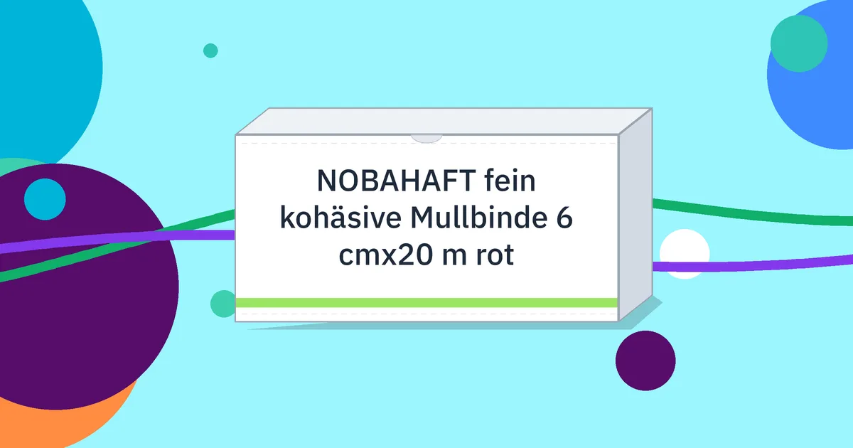 Symbolbild: Packung mit der Aufschrift NOBAHAFT fein kohäsive Mullbinde 6 cmx20 m rot (PZN 16028590) – Verfügbarkeit und Bezug in Apotheken in Frankfurt am Main