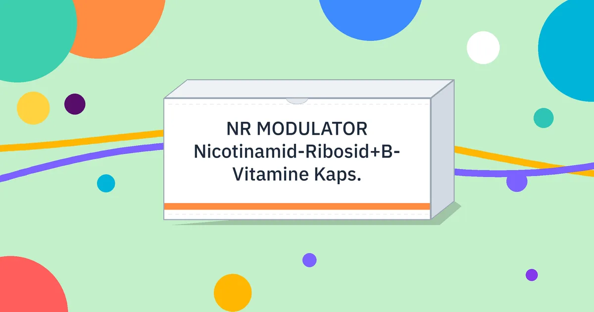 Symbolbild: Packung mit der Aufschrift NR MODULATOR Nicotinamid-Ribosid+B-Vitamine Kaps. (PZN 19764303) – Verfügbarkeit und Bezug in Apotheken in Frankfurt am Main