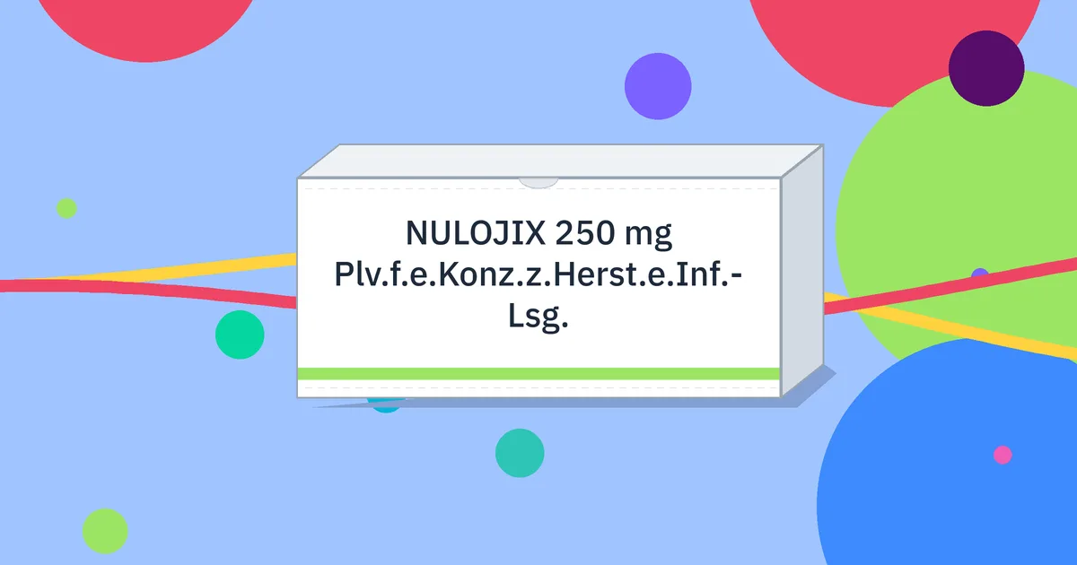Symbolbild: Packung mit der Aufschrift NULOJIX 250 mg Plv.f.e.Konz.z.Herst.e.Inf.-Lsg. (PZN 09074158) – Verfügbarkeit und Bezug in Apotheken in Frankfurt am Main