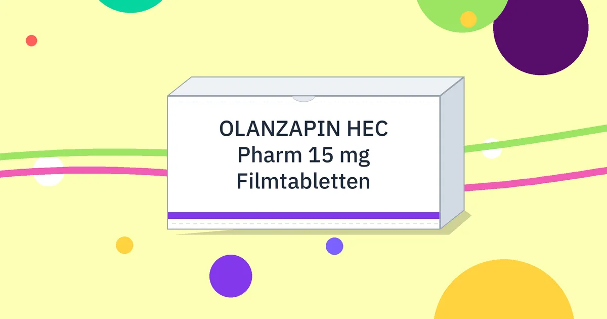 Symbolbild: Packung mit der Aufschrift OLANZAPIN HEC Pharm 15 mg Filmtabletten (PZN 11882960) – Verfügbarkeit und Bezug in Apotheken in Frankfurt am Main