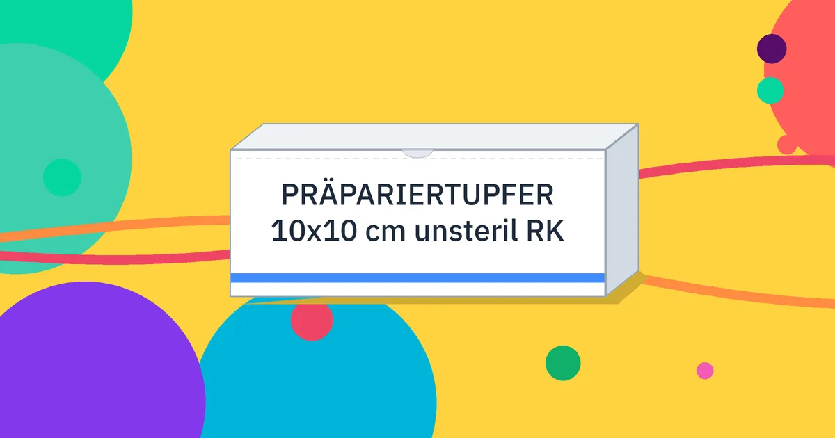 Symbolbild: Packung mit der Aufschrift PRÄPARIERTUPFER 10x10 cm unsteril RK (PZN 05014863) – Verfügbarkeit und Bezug in Apotheken in Frankfurt am Main