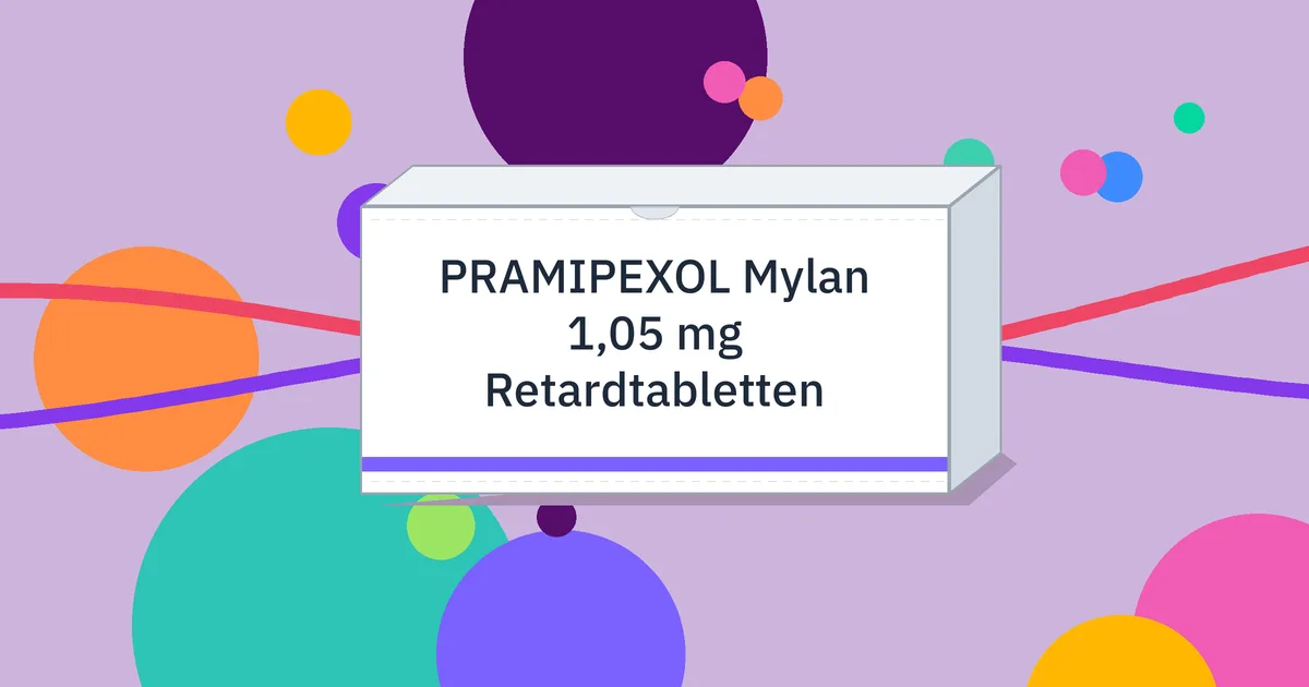 Symbolbild: Packung mit der Aufschrift PRAMIPEXOL Mylan 1,05 mg Retardtabletten (PZN 11095630) – Verfügbarkeit und Bezug in Apotheken in Frankfurt am Main