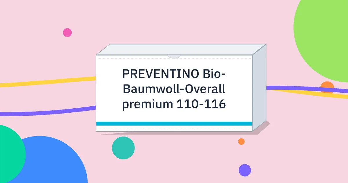 Symbolbild: Packung mit der Aufschrift PREVENTINO Bio-Baumwoll-Overall premium 110-116 (PZN 16895855) – Verfügbarkeit und Bezug in Apotheken in Frankfurt am Main
