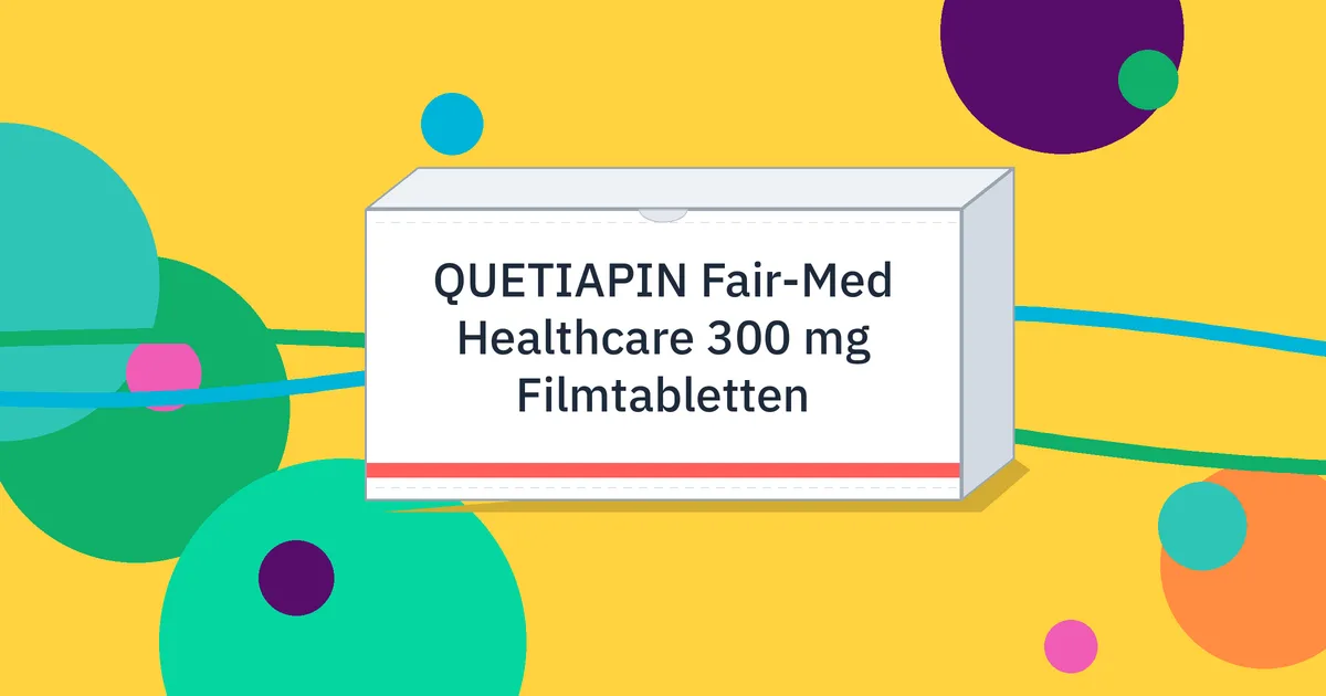 Symbolbild: Packung mit der Aufschrift QUETIAPIN Fair-Med Healthcare 300 mg Filmtabletten (PZN 14167927) – Verfügbarkeit und Bezug in Apotheken in Frankfurt am Main