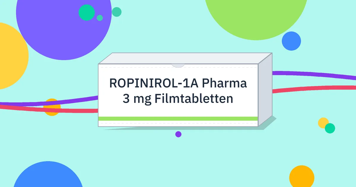 Symbolbild: Packung mit der Aufschrift ROPINIROL-1A Pharma 3 mg Filmtabletten (PZN 09062356) – Verfügbarkeit und Bezug in Apotheken in Frankfurt am Main