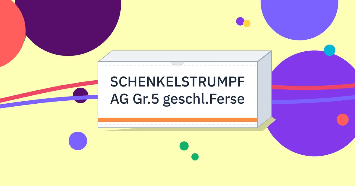 Symbolbild: Packung mit der Aufschrift SCHENKELSTRUMPF AG Gr.5 geschl.Ferse (PZN 01969571) – Verfügbarkeit und Bezug in Apotheken in Frankfurt am Main