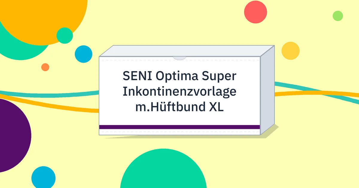 Symbolbild: Packung mit der Aufschrift SENI Optima Super Inkontinenzvorlage m.Hüftbund XL (PZN 15397948) – Verfügbarkeit und Bezug in Apotheken in Frankfurt am Main