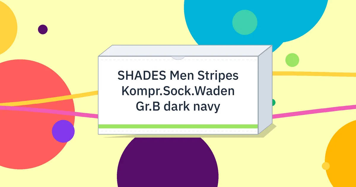 Symbolbild: Packung mit der Aufschrift SHADES Men Stripes Kompr.Sock.Waden Gr.B dark navy (PZN 15589464) – Verfügbarkeit und Bezug in Apotheken in Frankfurt am Main