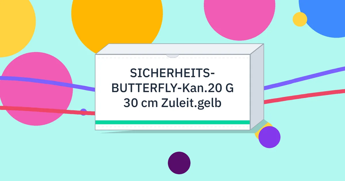Symbolbild: Packung mit der Aufschrift SICHERHEITS-BUTTERFLY-Kan.20 G 30 cm Zuleit.gelb (PZN 15822506) – Verfügbarkeit und Bezug in Apotheken in Frankfurt am Main