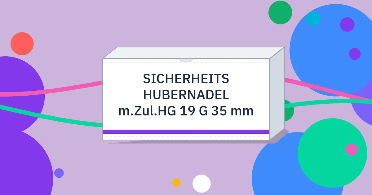 Symbolbild: Packung mit der Aufschrift SICHERHEITS HUBERNADEL m.Zul.HG 19 G 35 mm (PZN 13248463) – Verfügbarkeit und Bezug in Apotheken in Frankfurt am Main